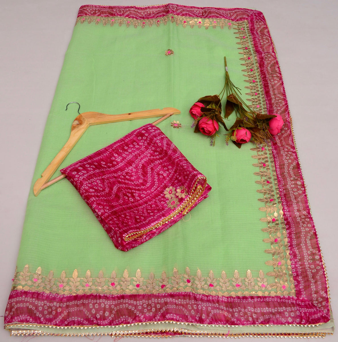 Gotta Patti Work Kota Doria Saree in Green Color | Trend In Need